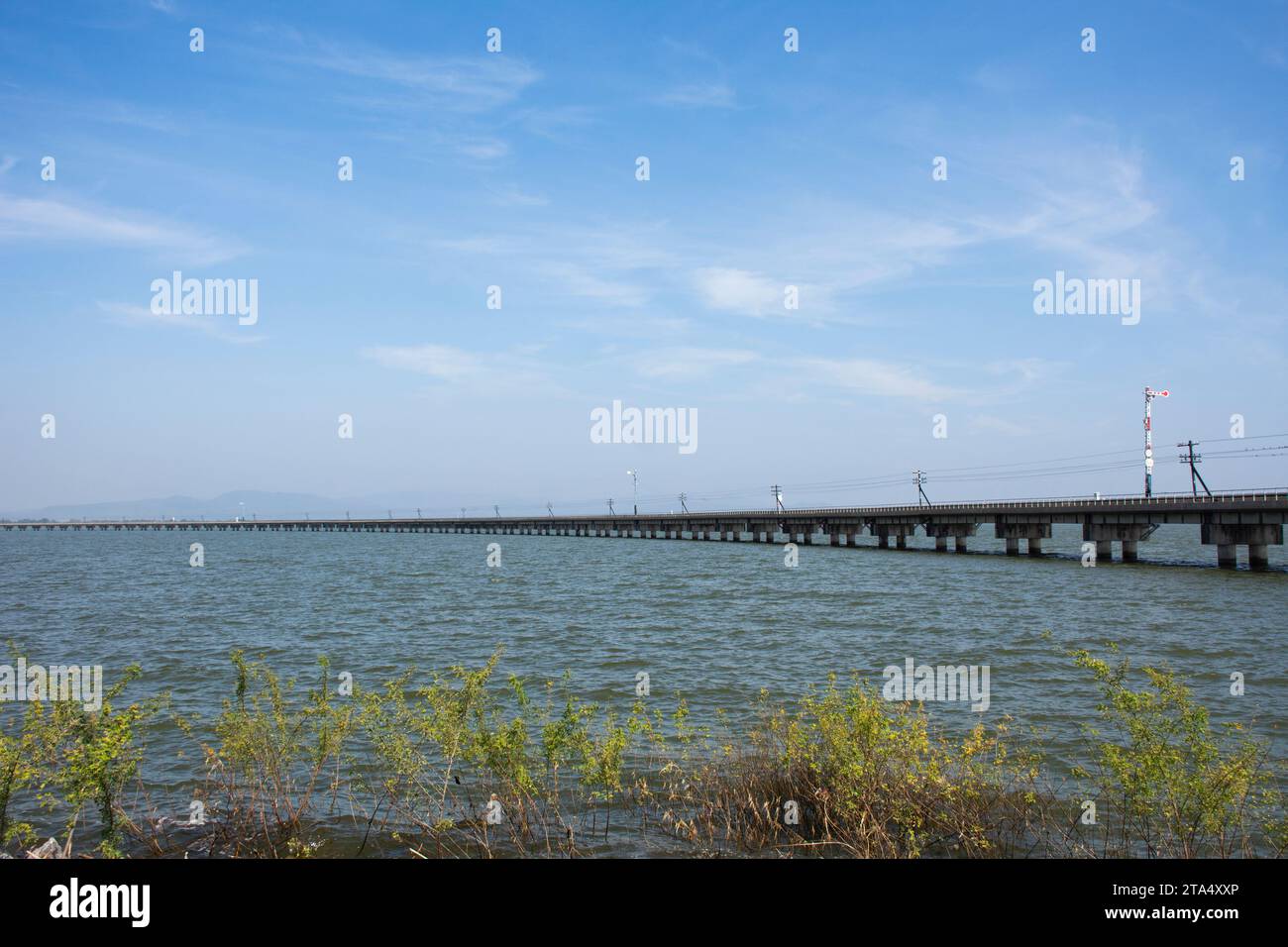 View landscape reservoir and track railway floating in Khuean Pasak ...