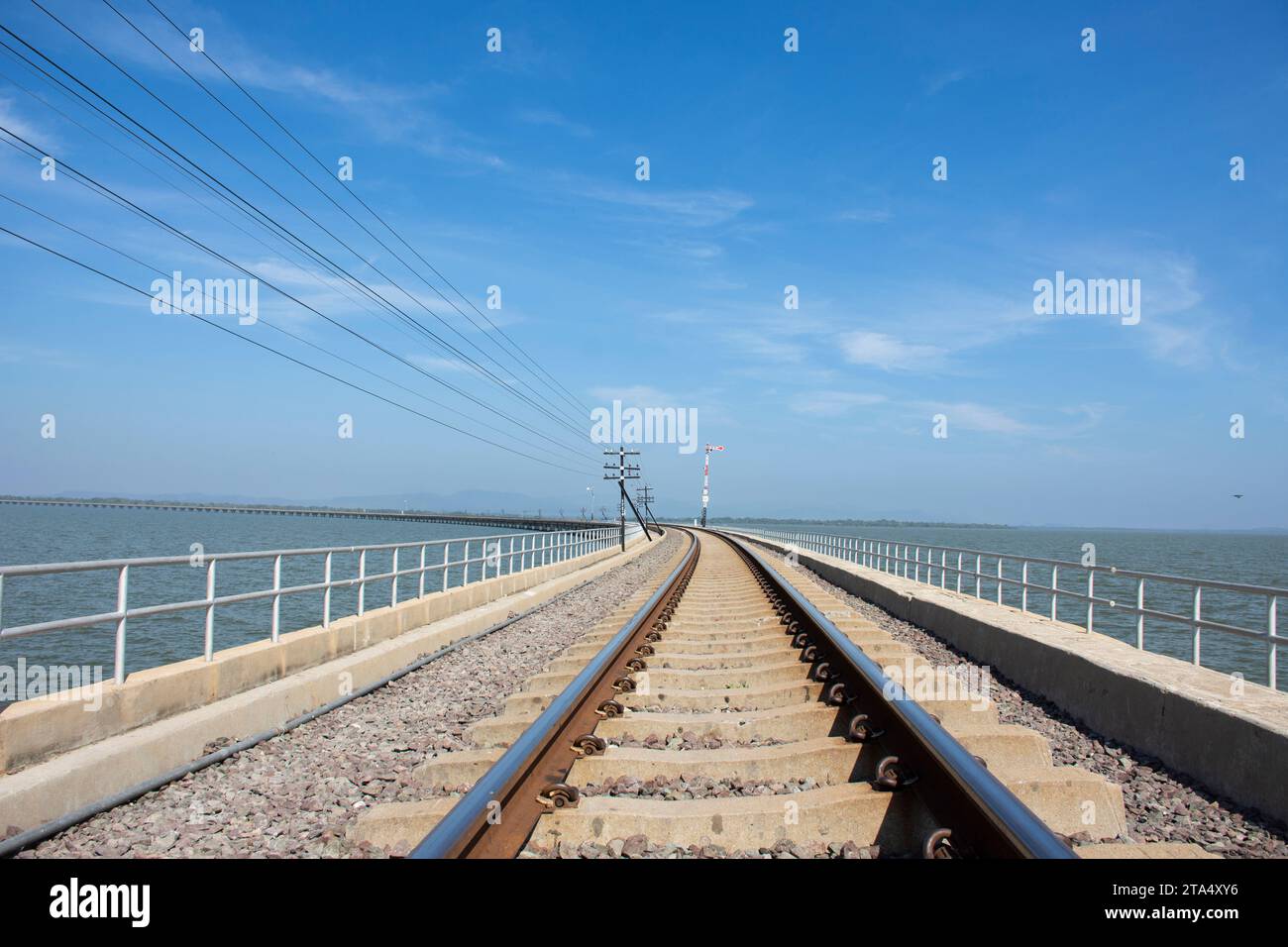 View landscape reservoir and track railway floating in Khuean Pasak ...