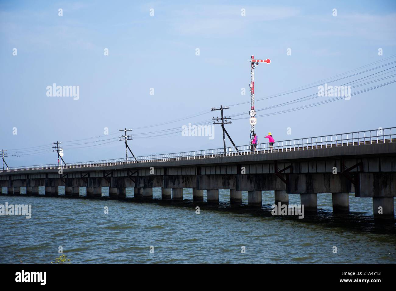 View landscape reservoir and track railway floating in Khuean Pasak ...