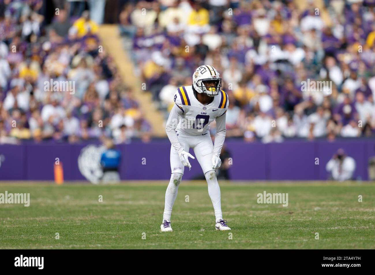 LSU defensive back Major Burns (8) lines up for the snap during an NCAA ...