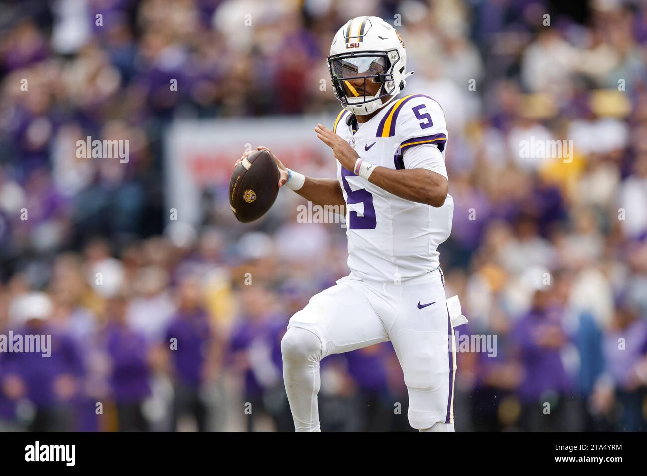 LSU quarterback Jayden Daniels (5) looks to pass during an NCAA college ...