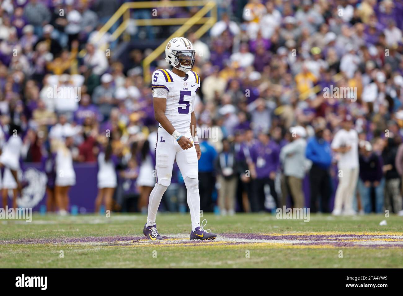 LSU quarterback Jayden Daniels (5) during an NCAA college football game ...