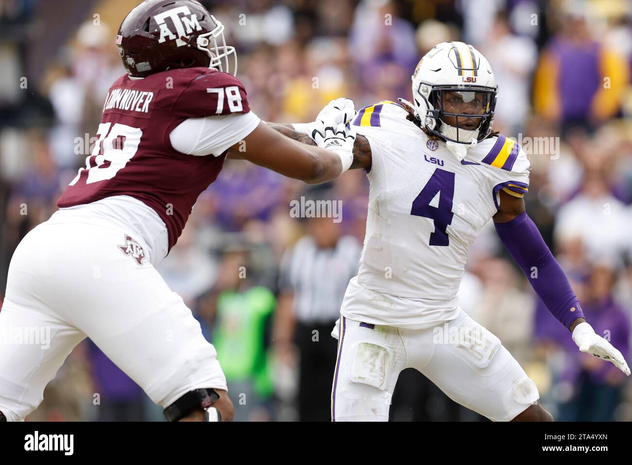 LSU linebacker Harold Perkins Jr. (4) rushes against Crownover ...