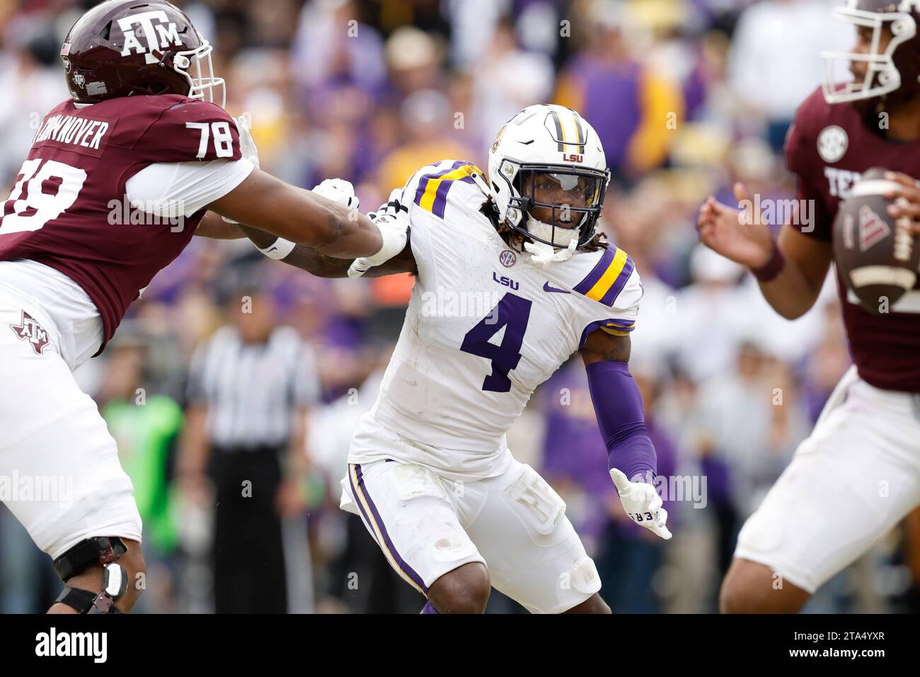 LSU linebacker Harold Perkins Jr. (4) rushes against Crownover ...