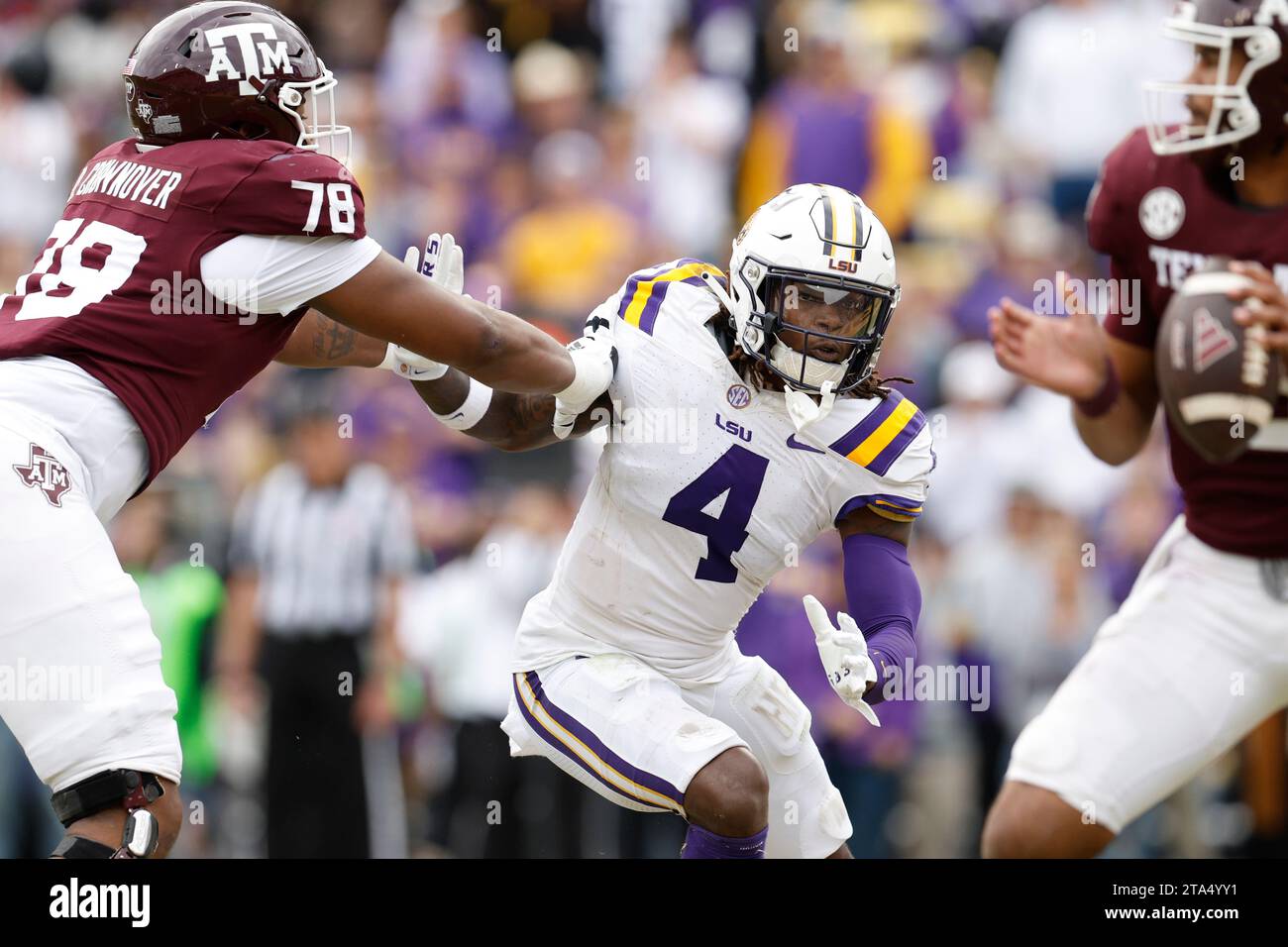 LSU linebacker Harold Perkins Jr. (4) rushes against Crownover ...
