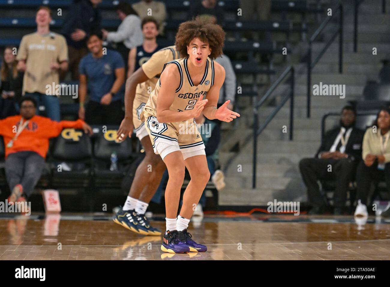 ATLANTA, GA – NOVEMBER 28: Georgia Tech guard Naithan George (2) reacts ...