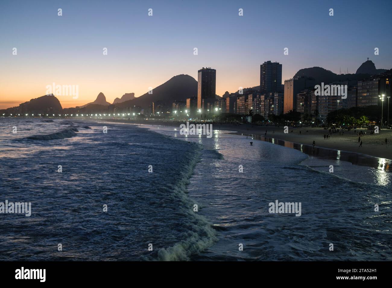 Leme and Copacabana beach at sunset, Rio de Janeiro, Brazil. Christ the ...