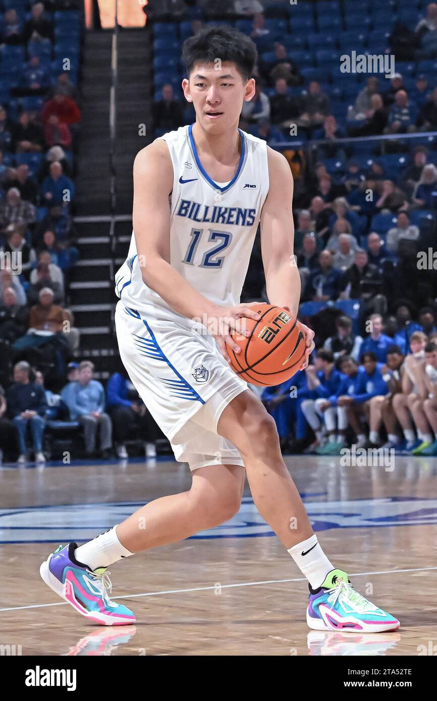 St. 28th Nov, 2023. Saint Louis Billikens center Bruce Zhang (12) gets ...