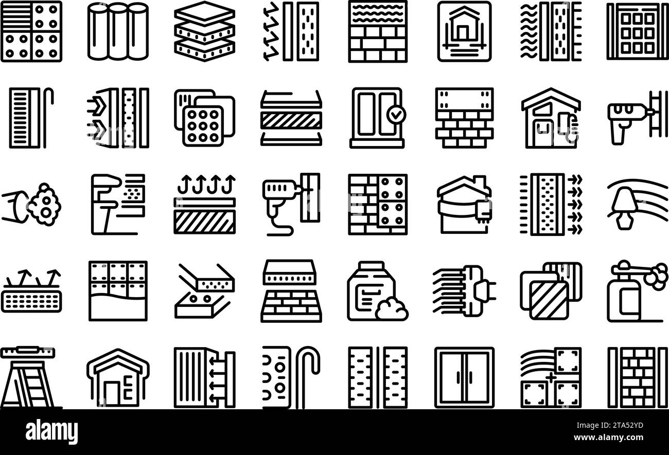 Building insulation icons set outline vector. Roll building wool. Home thermal foam Stock Vector ...