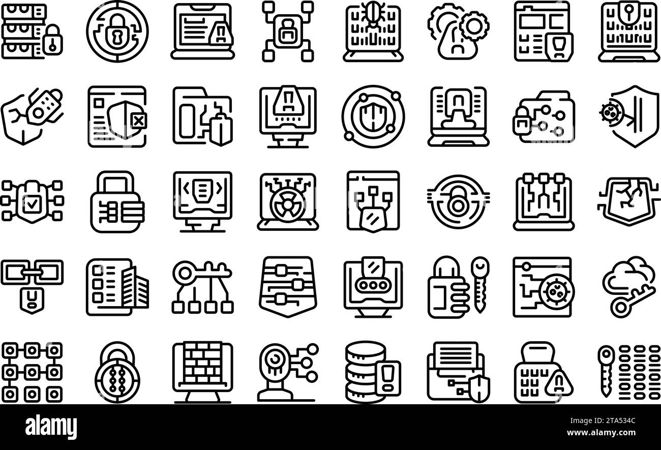 Cybersecurity icons set outline vector. Antivirus malware. Online firewall computer Stock Vector ...