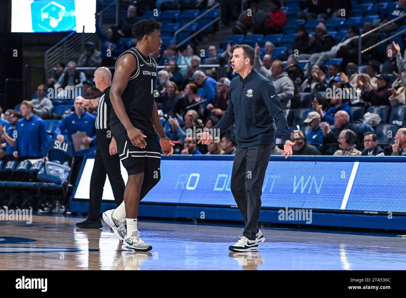 NOVEMBER 28, 2023: Utah State Aggies head coach Danny Sprinkle is upset ...