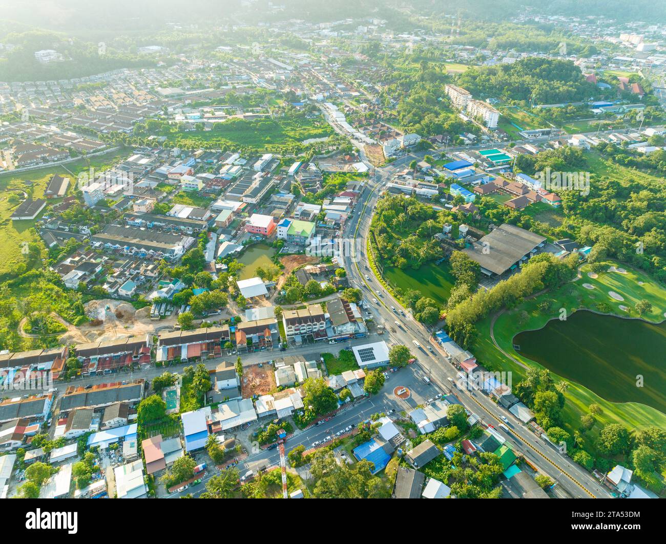 Aerial view drone Top down shot of beautiful green golf field with ...