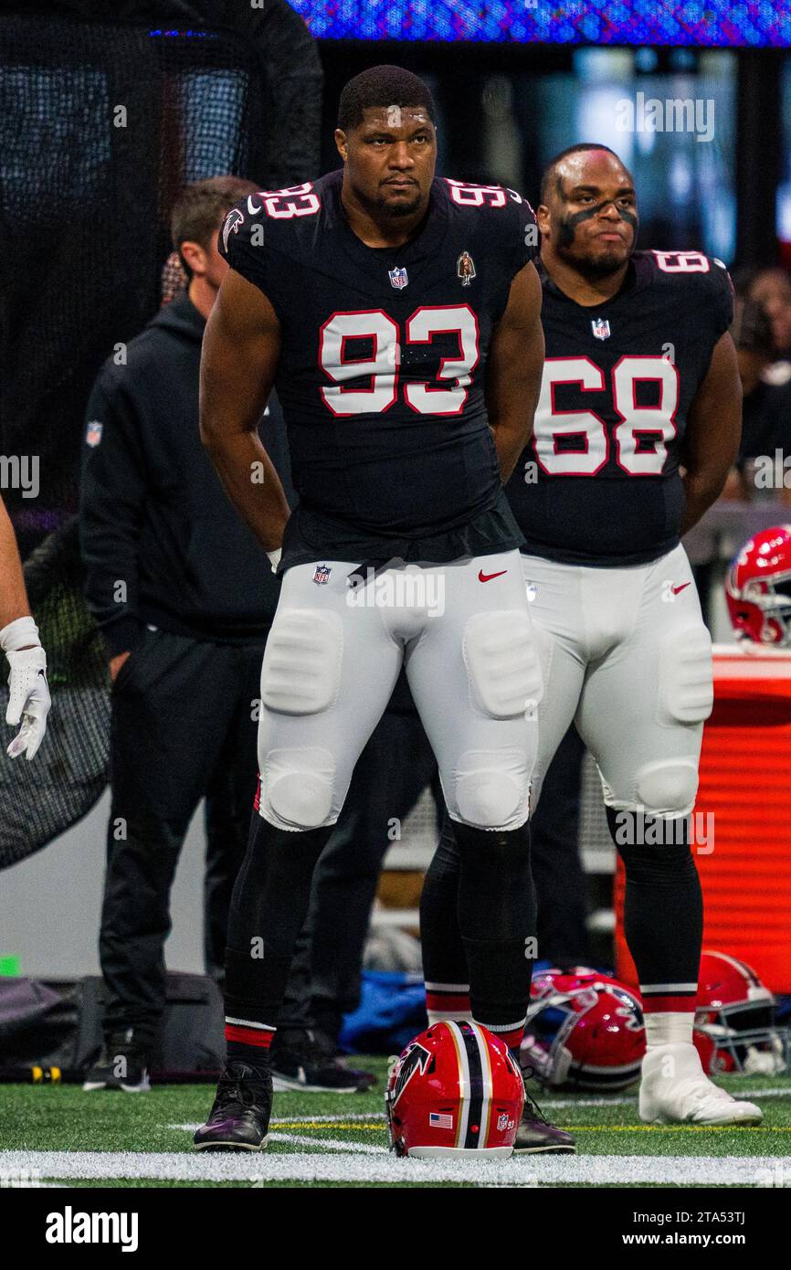 Atlanta Falcons defensive tackle Calais Campbell (93) stands on the ...