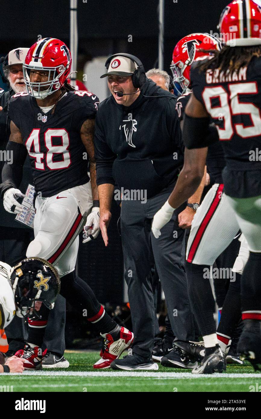 Atlanta Falcons head coach Arthur Smith reacts during the first half of ...
