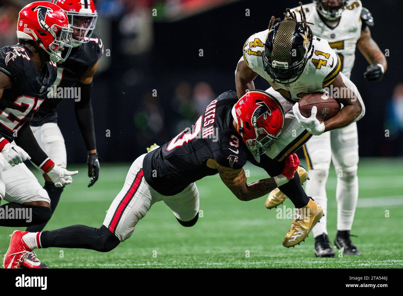 Atlanta Falcons safety Jessie Bates III (3) tackles New Orleans Saints ...