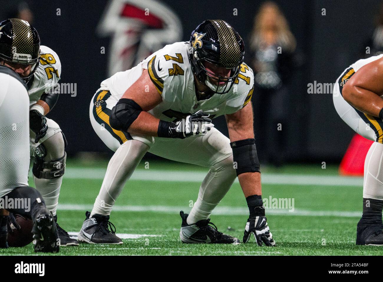 New Orleans Saints offensive tackle James Hurst (74) lines up during ...