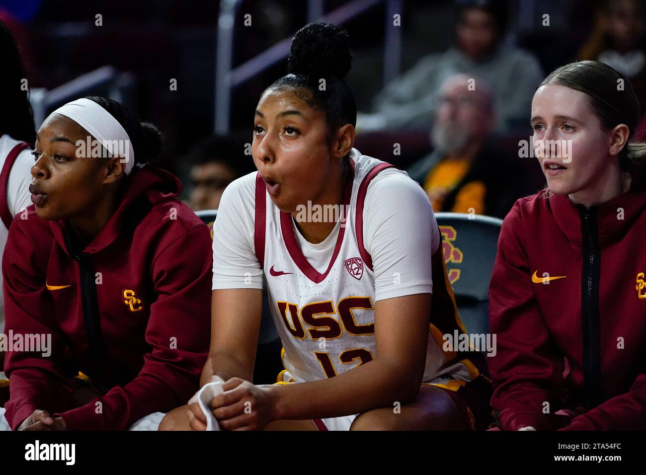 Southern California guard JuJu Watkins reacts from the bench during the ...