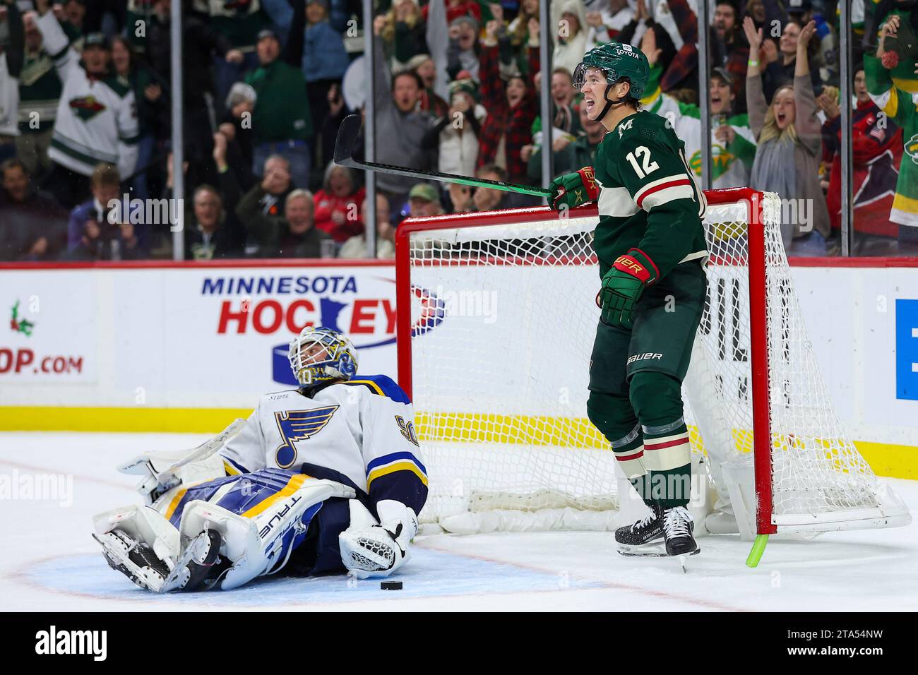 Minnesota Wild left wing Matt Boldy (12) celebrates his goal against St ...