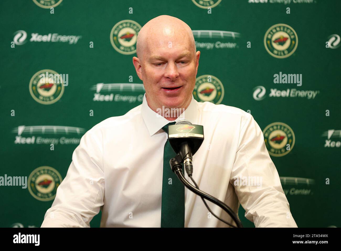 Minnesota Wild head coach Jon Hynes speaks to the media during a press conference after an NHL ...