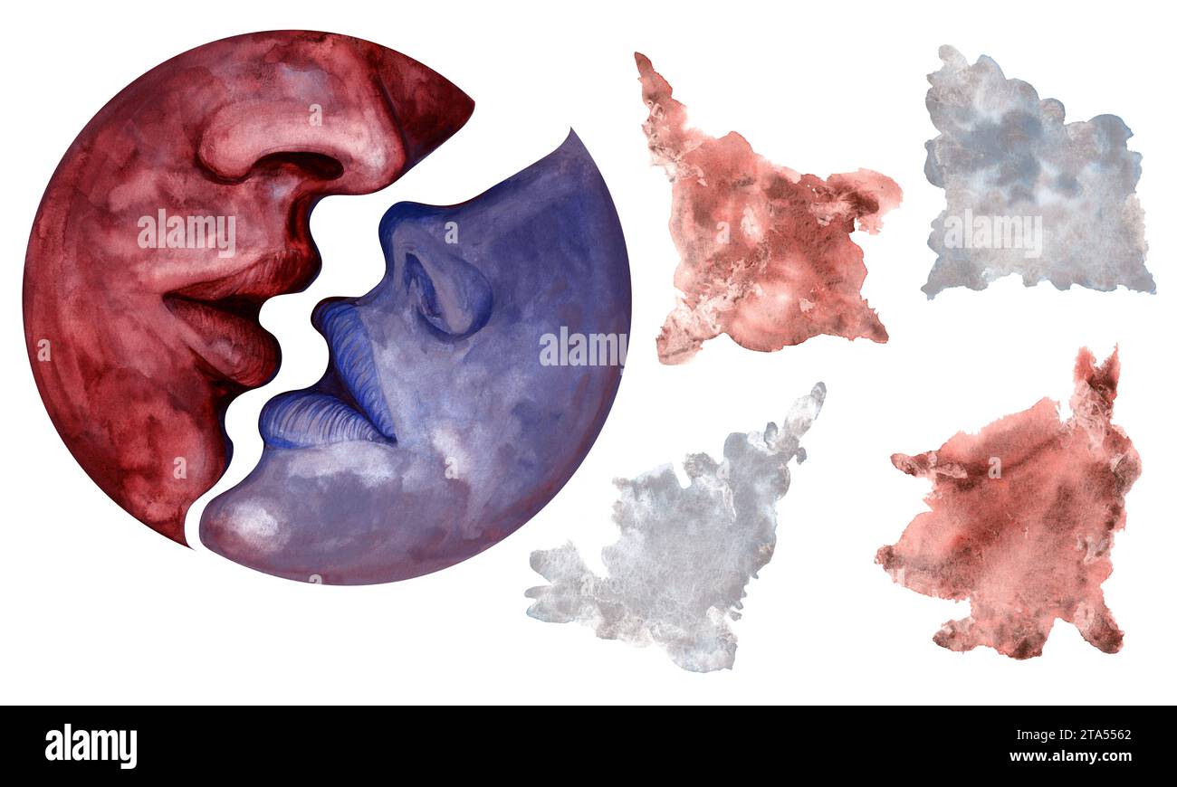 Watercolor moon and crescents with the outlines of a tender romantic ...