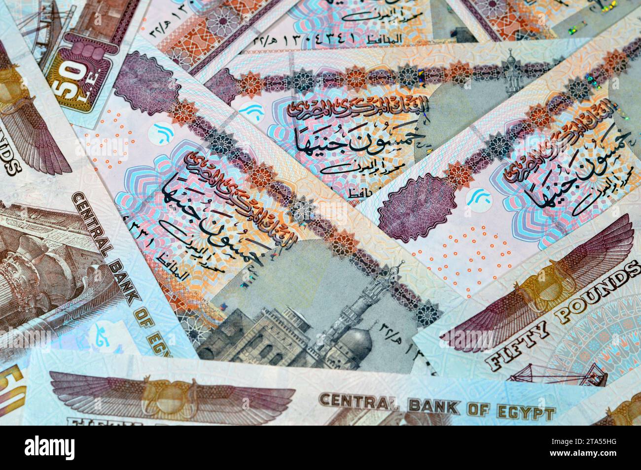 A pile of Egyptian money banknotes of 50 LE fifty pounds features Abu ...