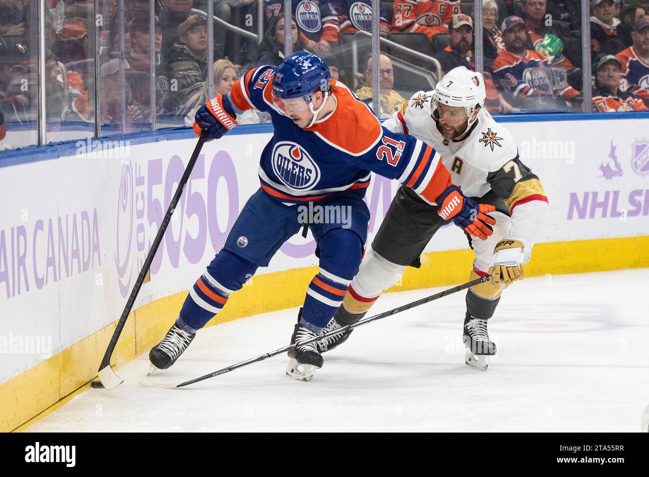 Vegas Golden Knights' Alex Pietrangelo (7) and Edmonton Oilers' Adam ...