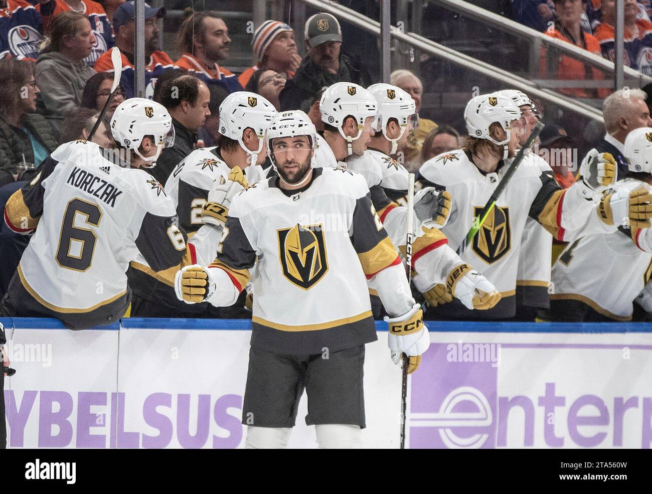 Vegas Golden Knights' Michael Amadio (22) celebrates a goal against the ...