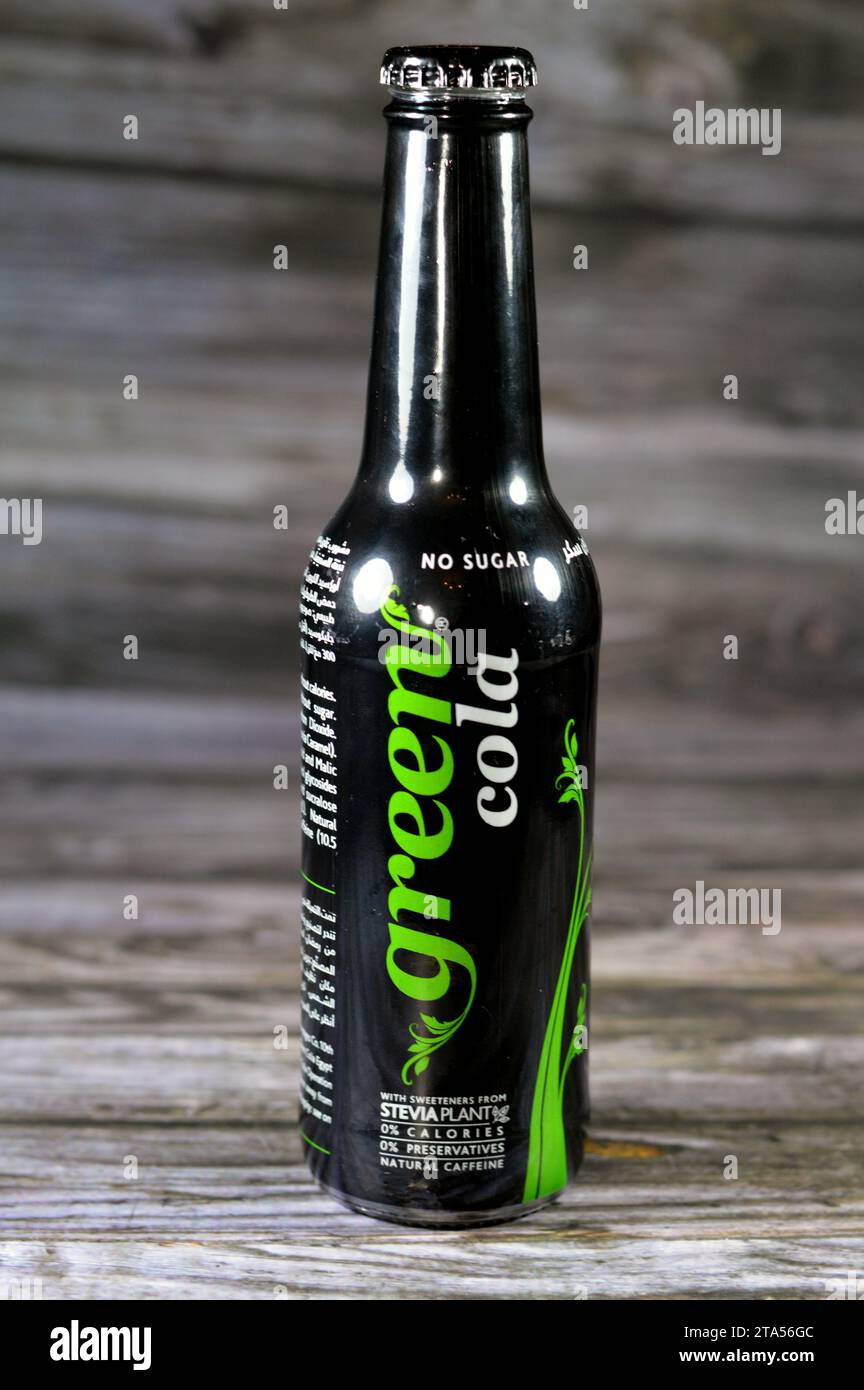 Cairo, Egypt, November 24 2023: Green cola, a carbonated soft drink ...