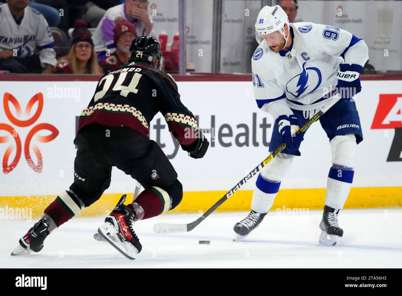 Tampa Bay Lightning center Steven Stamkos (91) skates with the puck ...