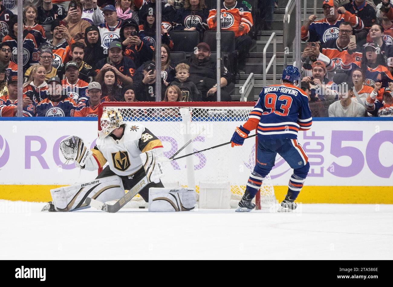 Vegas Golden Knights goalie Logan Thompson (36) is scored on by ...