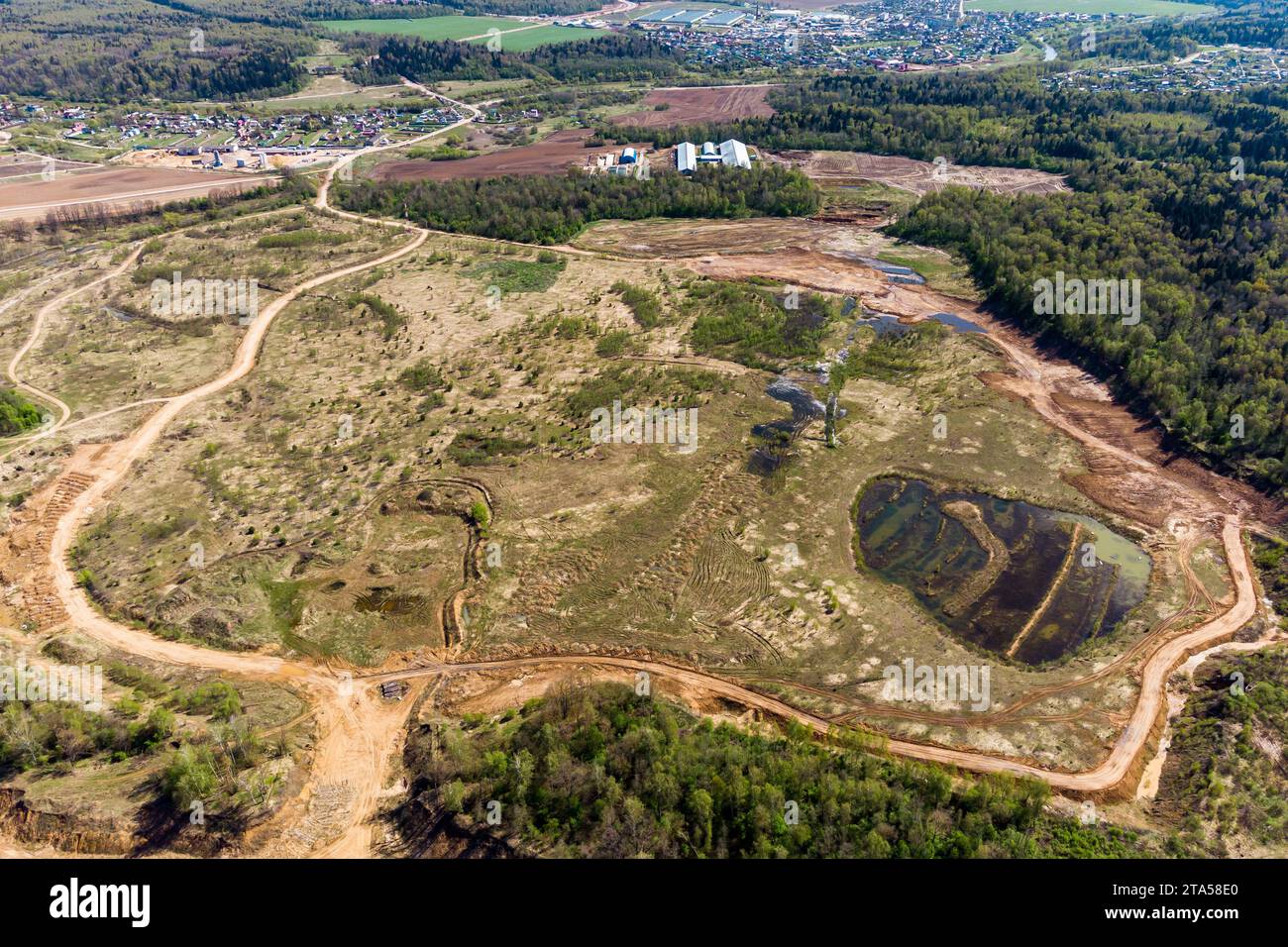 Old sand quarry after mining, aerial view of the landscape Stock Photo ...