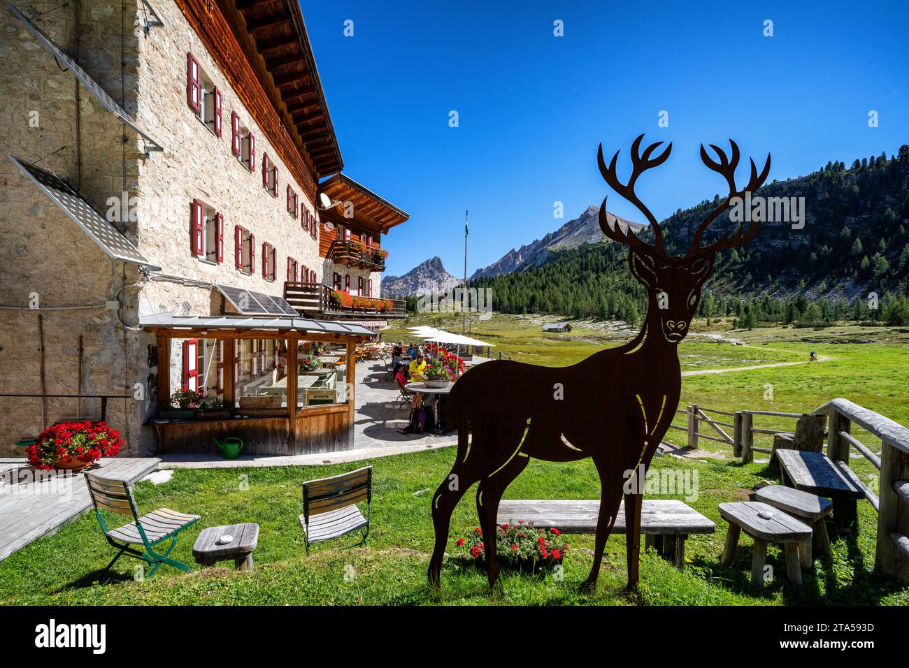 Rifugio Lavarella on Alta Via 1 hiking route, Badia, Italy Stock Photo ...