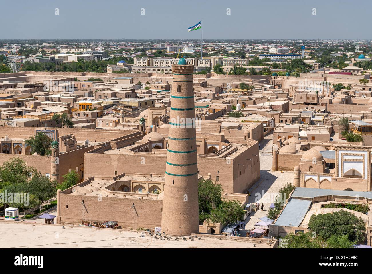 Minaret and madrasah of Islam-Khoja in the old Khiva. Close up ...