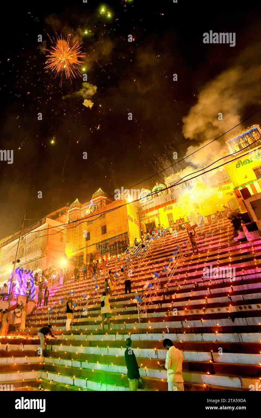 Varanasi, India. 27th Nov, 2023. Fire crackers seen in the sky on the ...