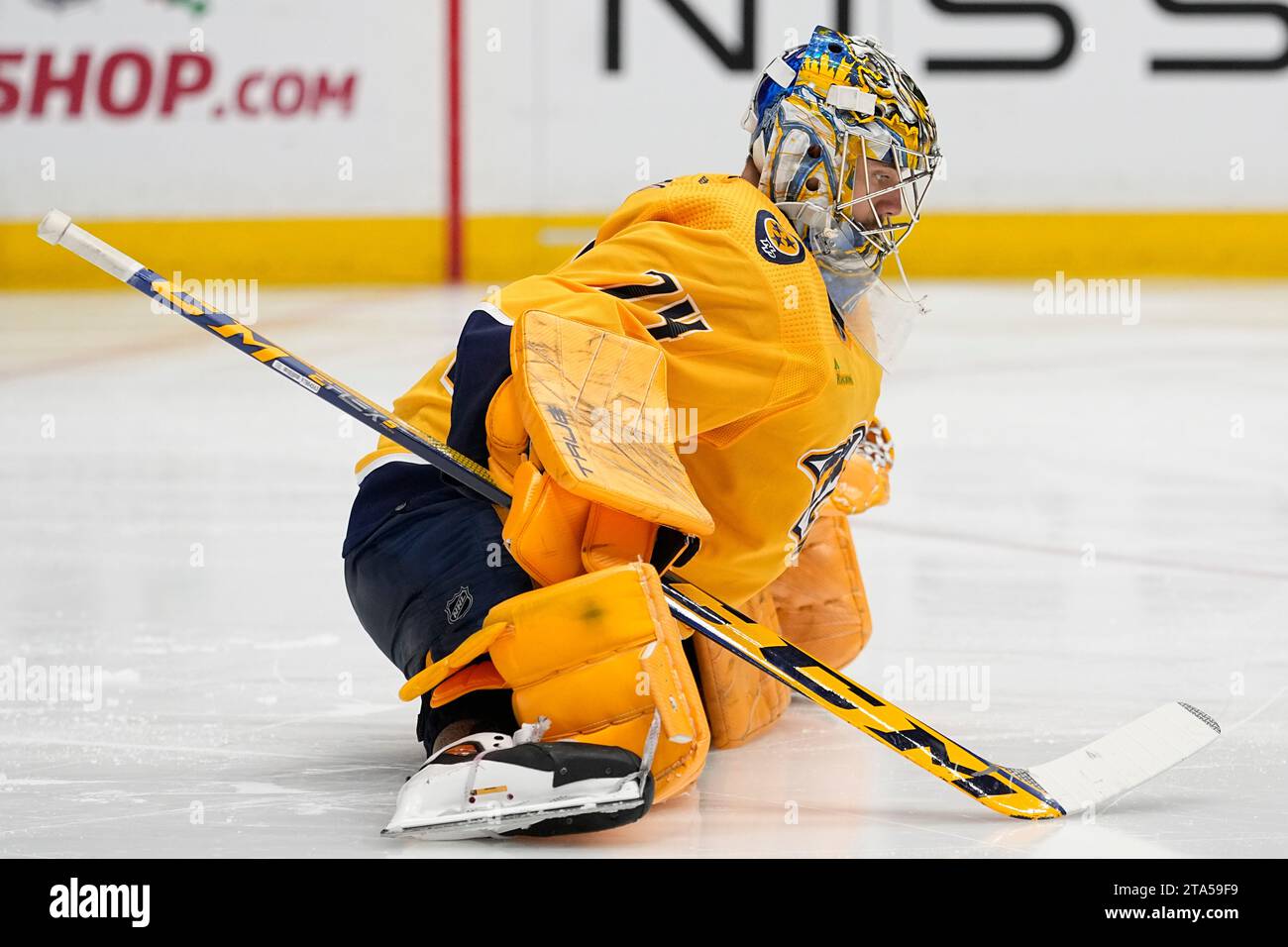 Nashville Predators goaltender Juuse Saros warms up before the start of ...