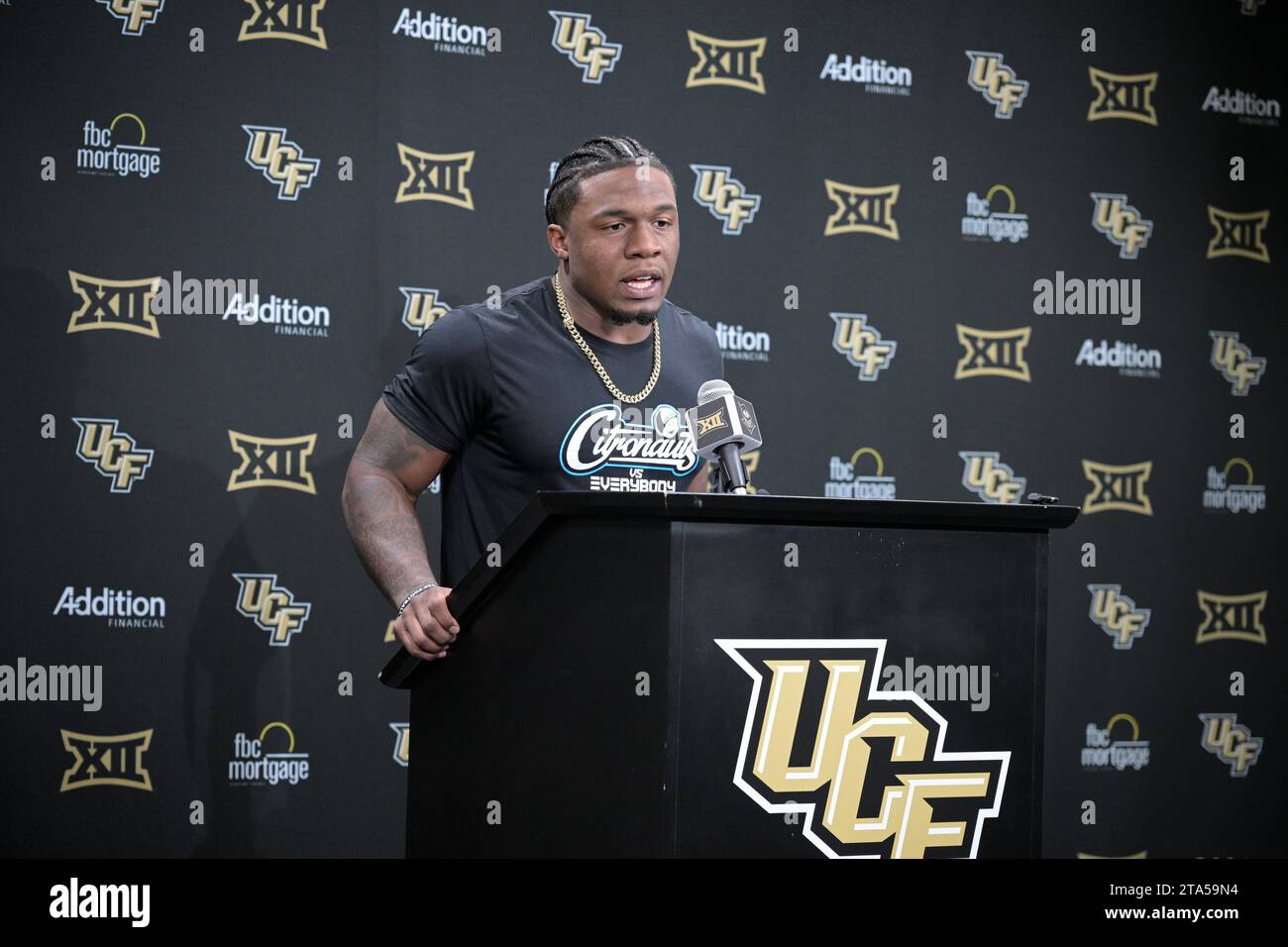 Central Florida running back RJ Harvey talks to reporters after an NCAA ...