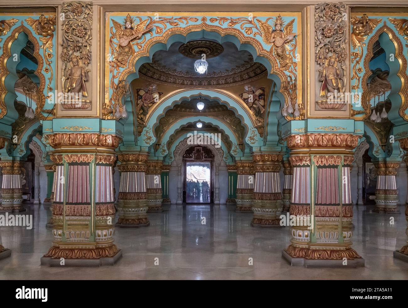Beautiful decorated interior ceiling and pillars of the Durbar or ...