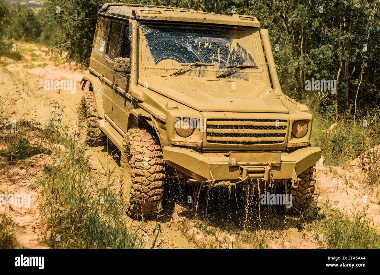Mud and water splash in off the road racing. Tracks on a muddy field ...