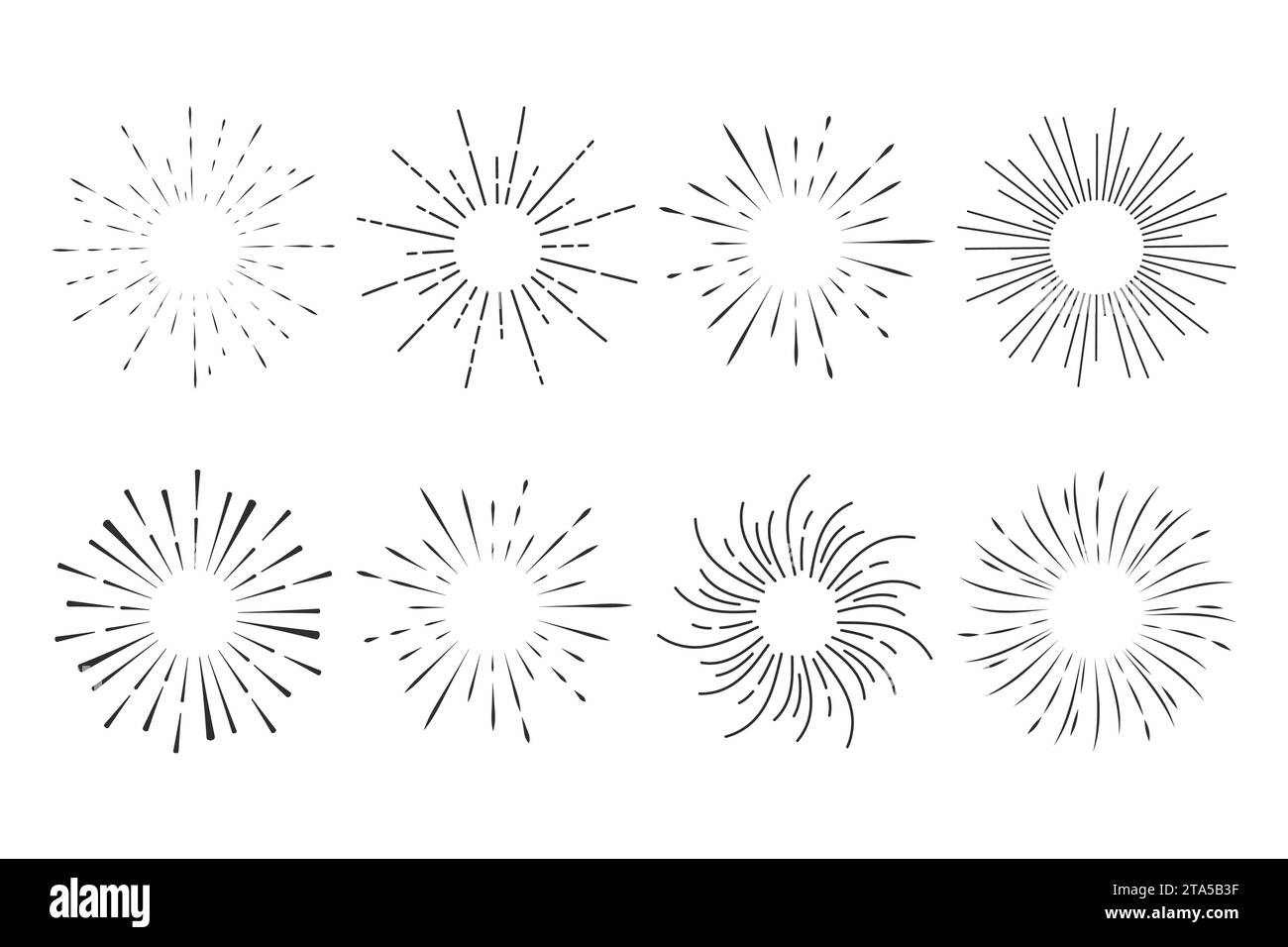 Set Fireworks, rays, sunburst frames circle border decoration, sparkle in doodle style, line ...