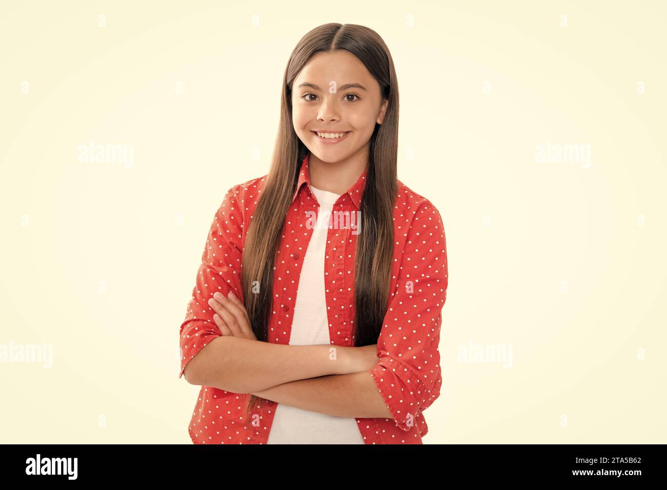 Portrait of happy smiling teenage child girl. Cute preteen girl head shot. Child portrait on ...