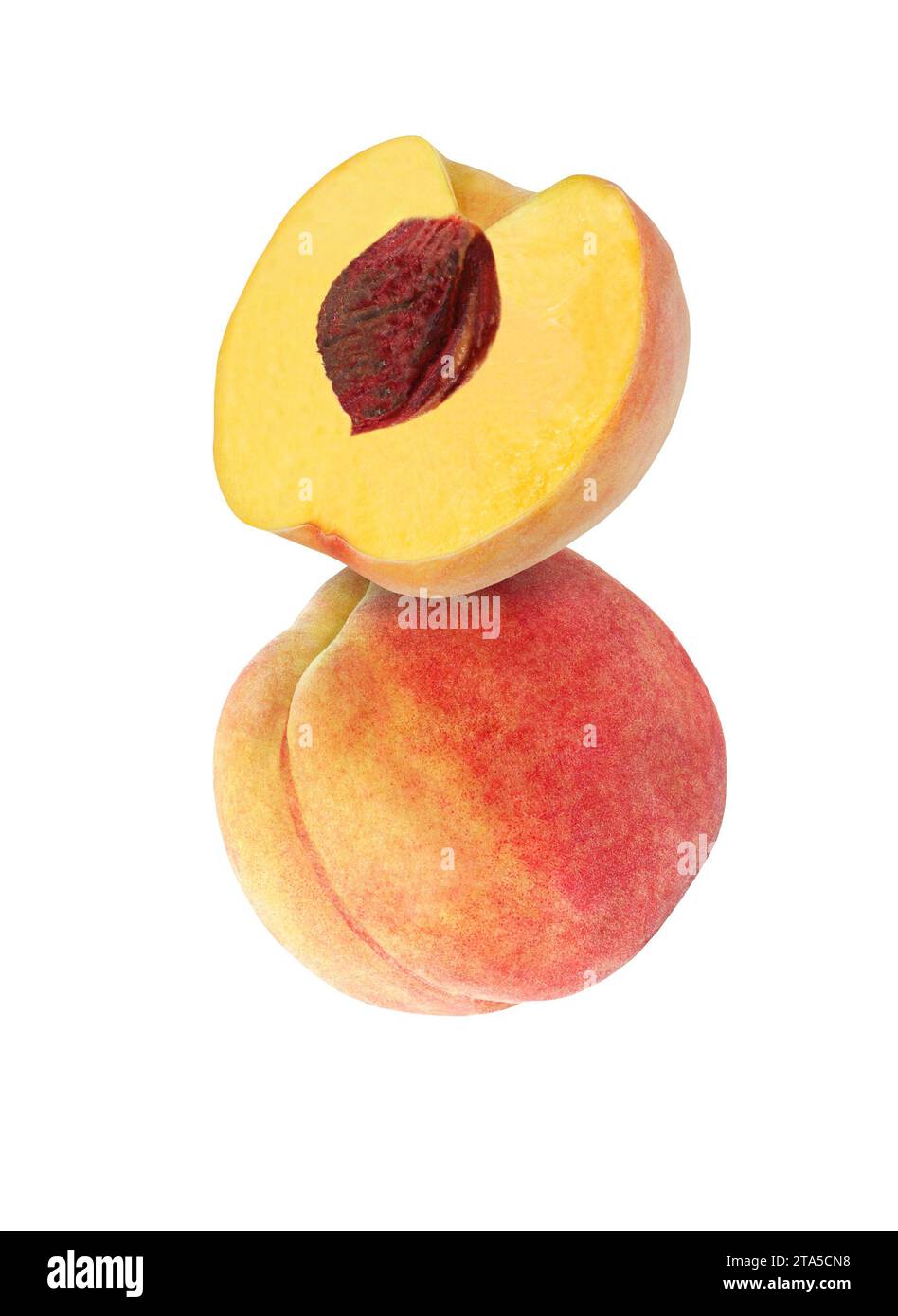 hanging, falling, hovering and flying whole and sliced peach isolated ...