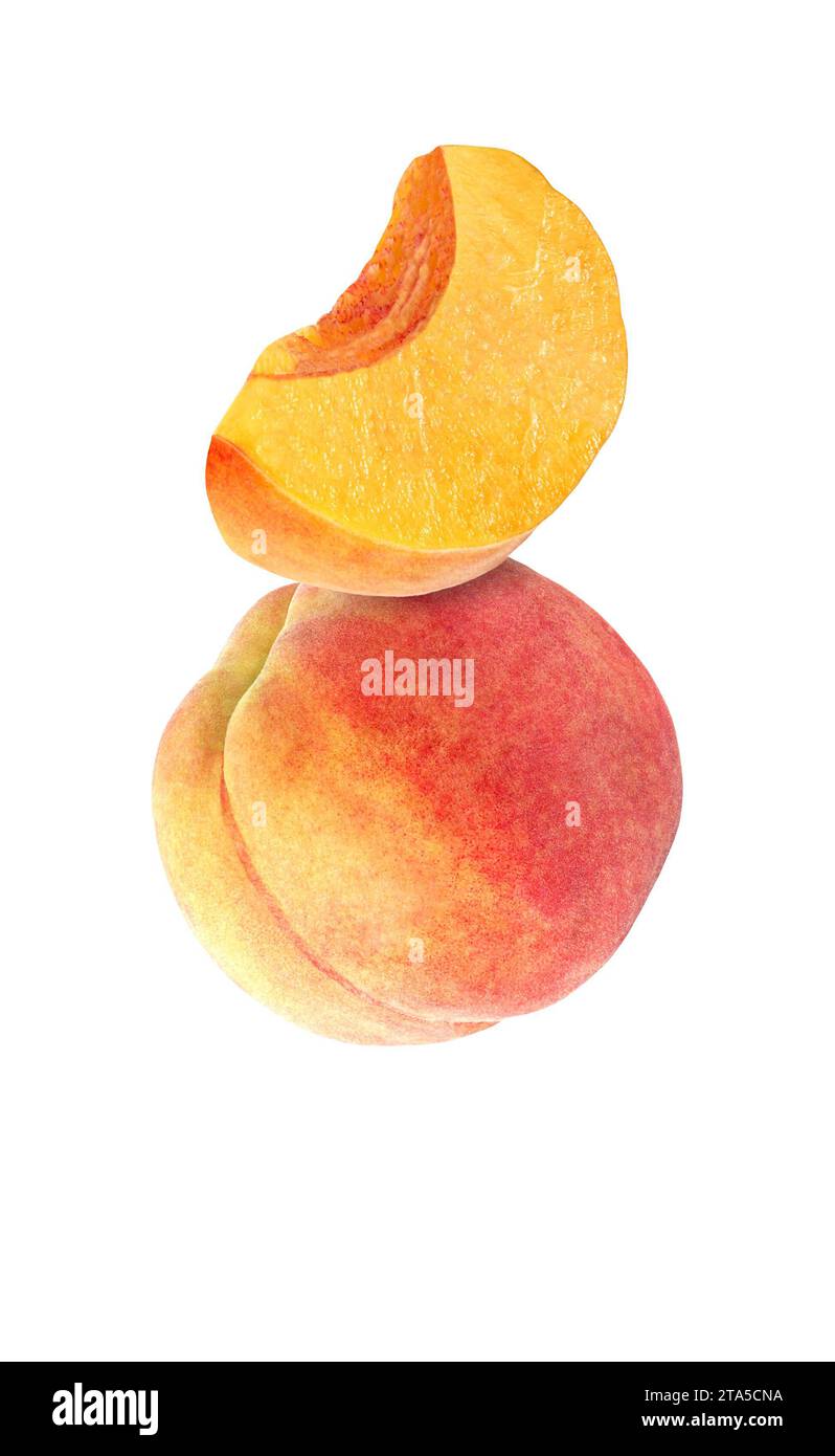 hanging, falling, hovering and flying whole and sliced peach isolated ...