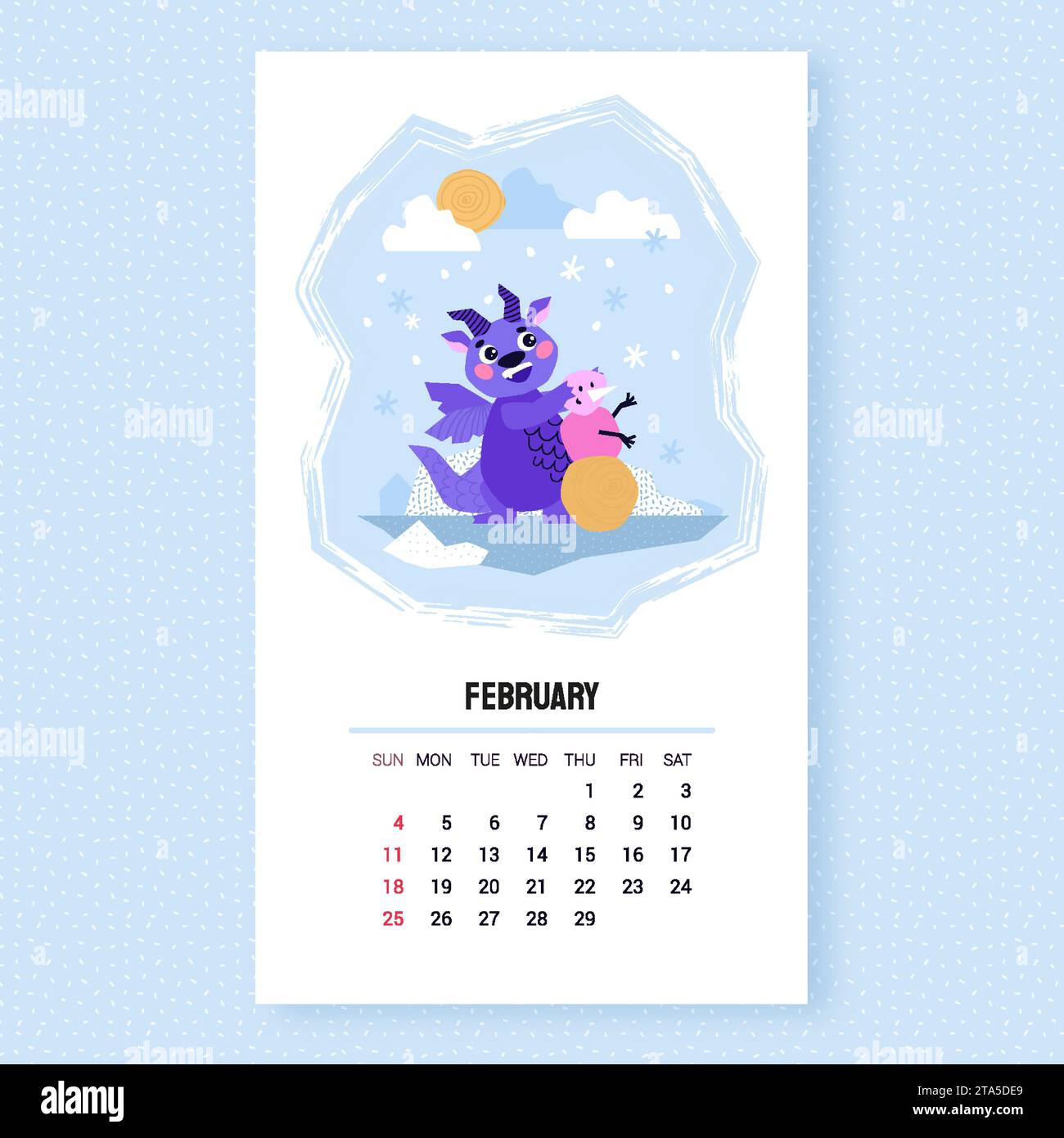 2024 Dragon Calendar. February. Cute Dragon cartoon mascot character ...