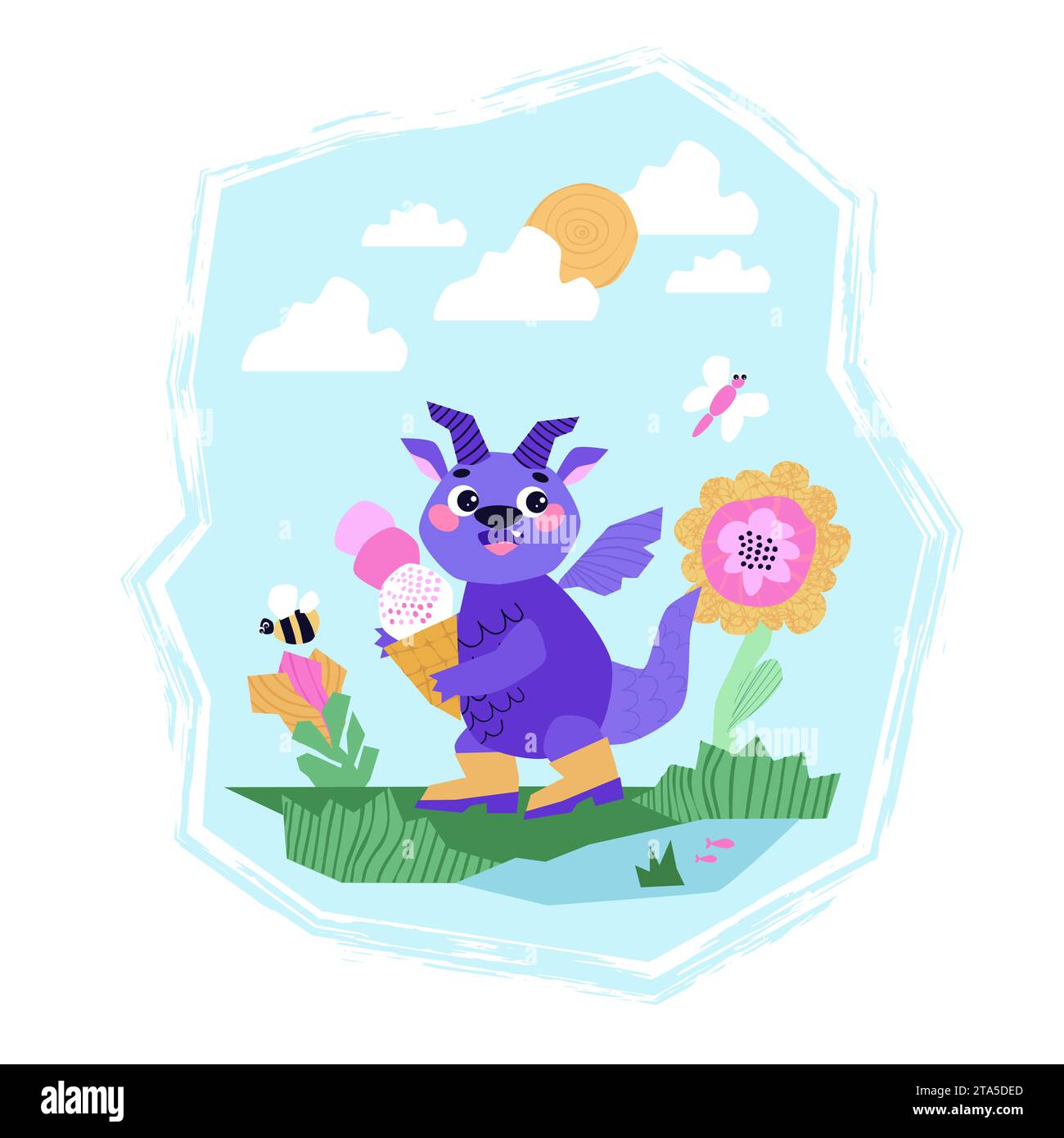 Dragon with ice cream in his hands. Flowers and insects. Dragon ...