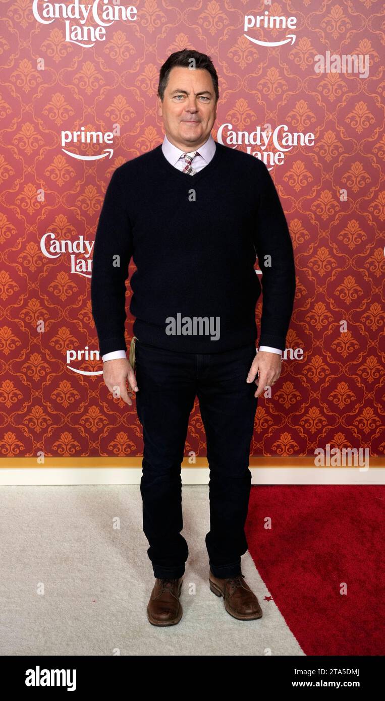Nick Offerman poses at the premiere of the film "Candy Cane Lane" at ...