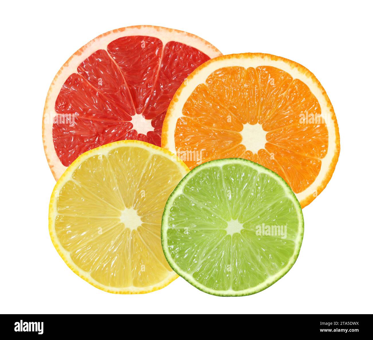 cut orange, grapefruit, lemon, lime fruits isolated on white background ...