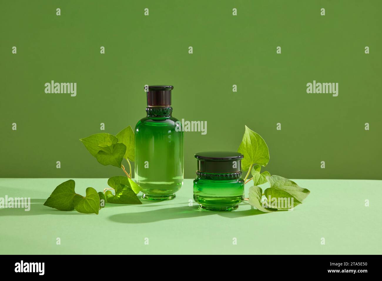 Empty label bottle and jar decorated over green background with fish ...