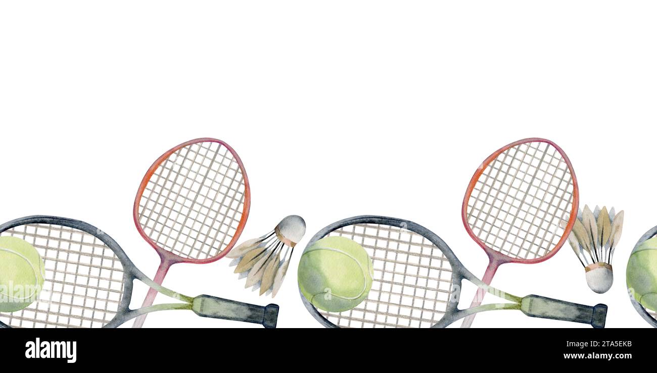 Hand drawn watercolor sports gear equipment, tennis and badminton ...