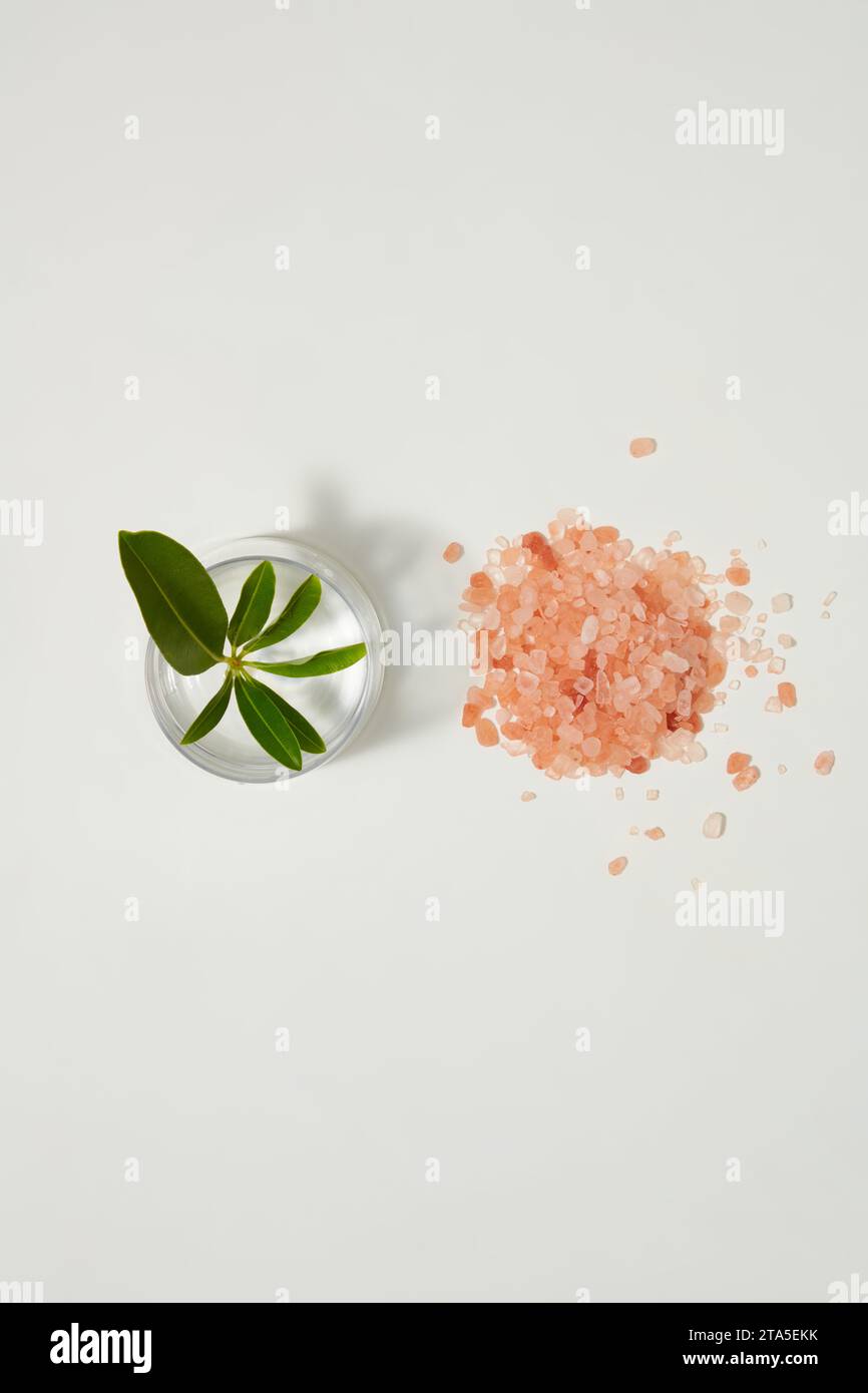 Minimal scene of a handful of pink himalayan salt decorated with a cup ...