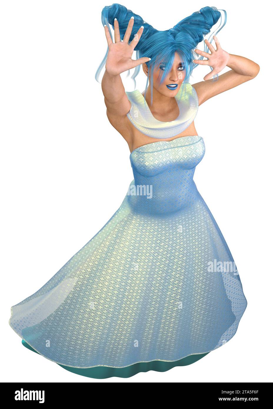 Fantasy mage, wizard woman with blue hair wears shining blue gown, 3D ...
